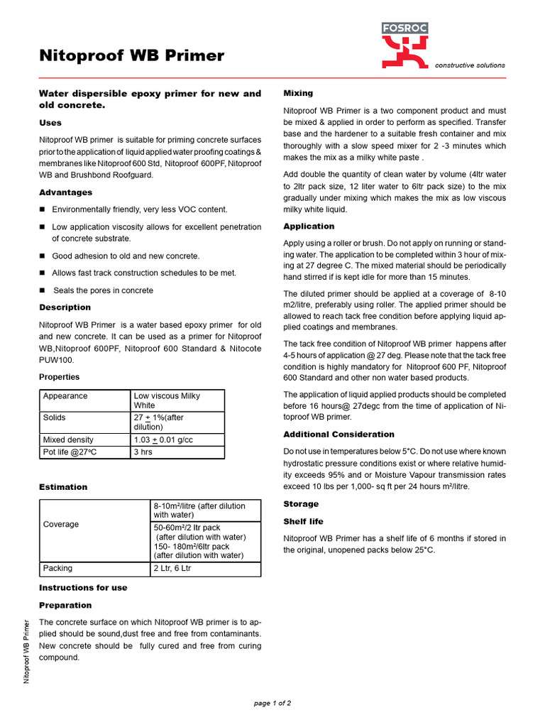 TDS Nitoproof WB Primer India2 | PDF | Concrete | Epoxy