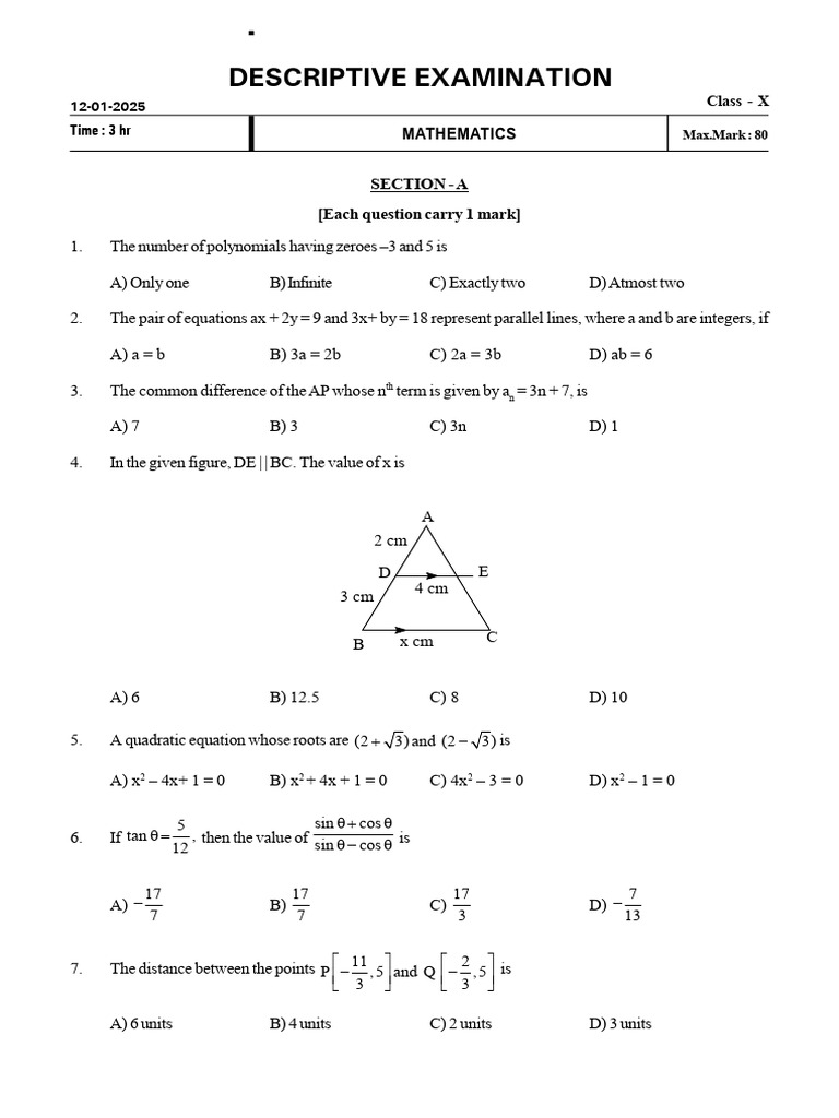 Descriptive Exam Questions 12-01-2025 | PDF | Equations | Zero Of A ...