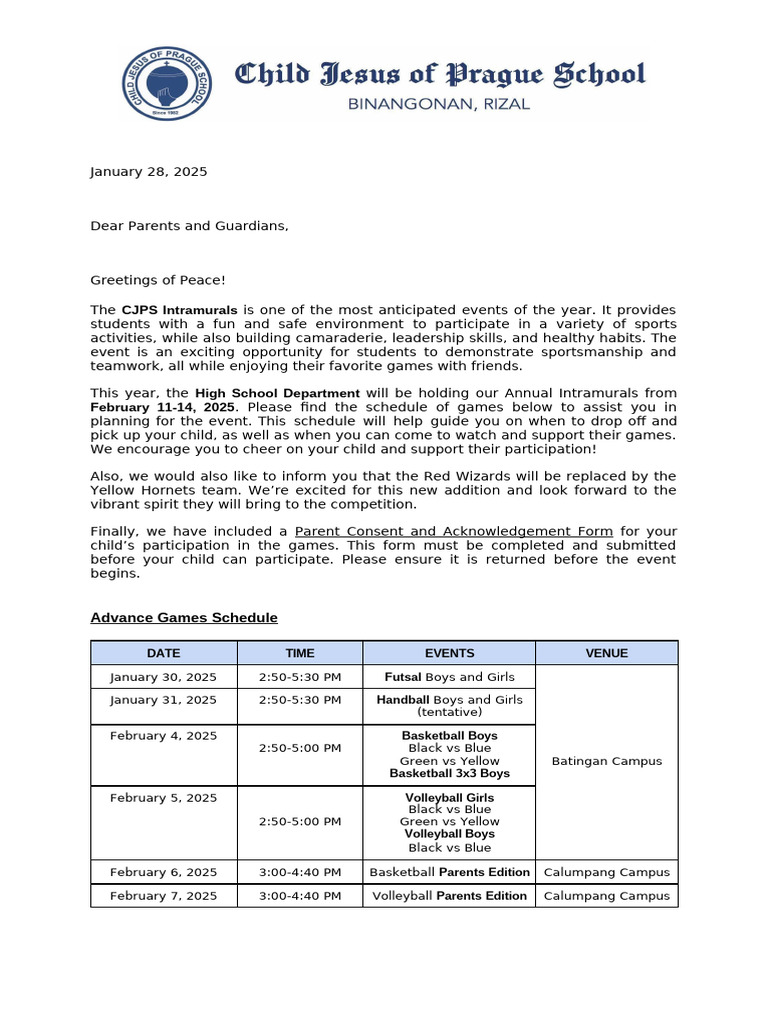 Intrams Letter To Parents High School 2025 | PDF
