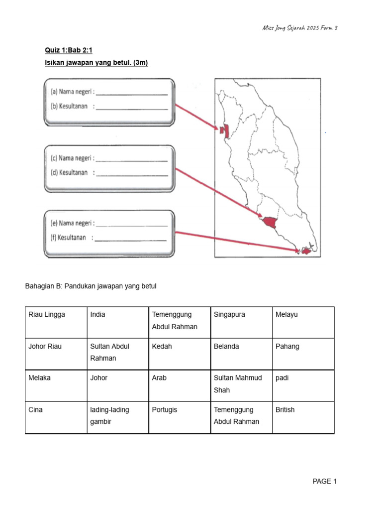 Form 3 Sejarah Quiz Bab 2 - 1 | PDF