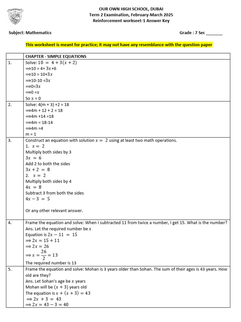 Term-2 Math Reinforcement worksheet 1 answer key | PDF | Triangle | Geometry