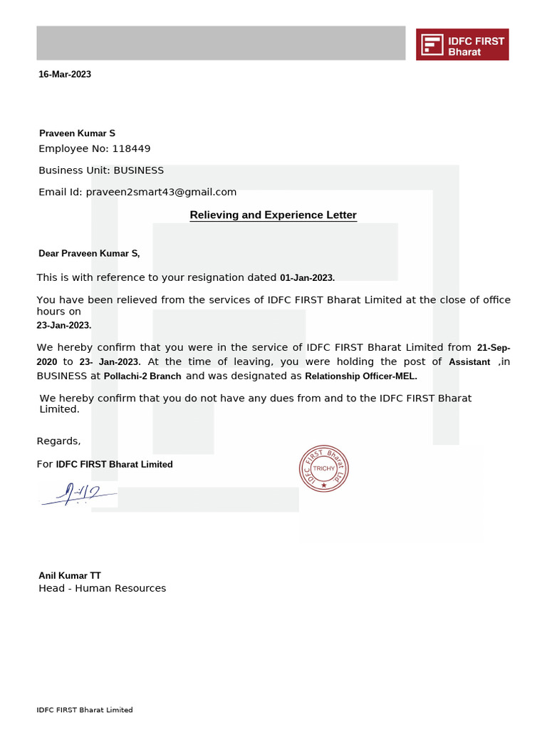 IDFC First Bank Relieving Letter | PDF