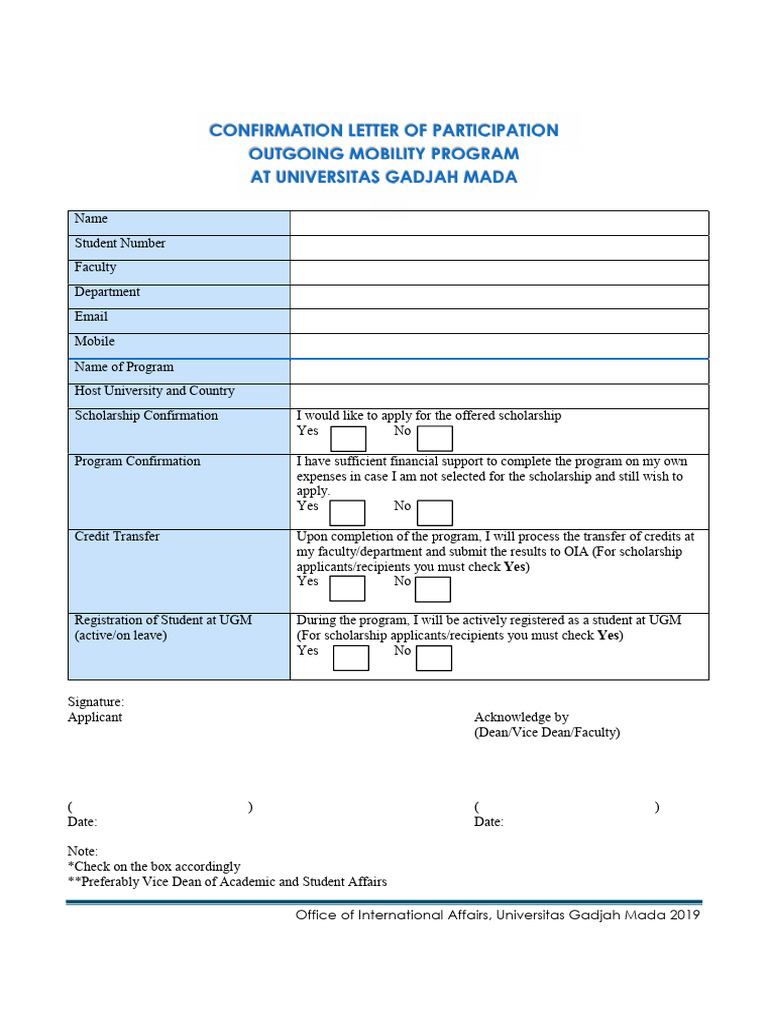 Confirmation Letter of Participation Outgoing Mobility UGM | PDF