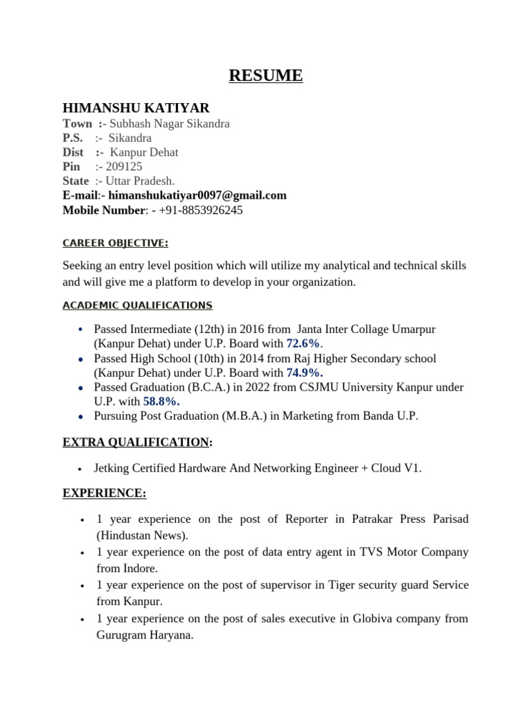 91ce1724 31ab 4e72 A4fc F5a11ded98fc Himanshu Resume | PDF