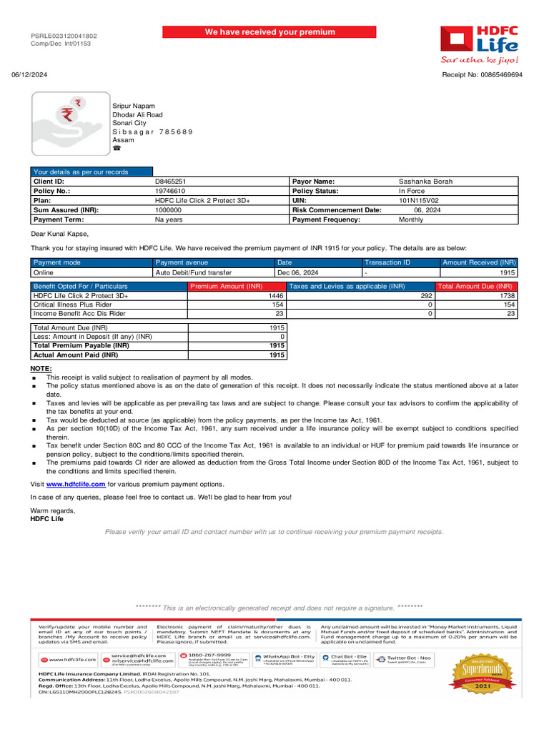613001193-HDFC-Life-Premium-Receipts-Nov-2022_2 | PDF | Life Insurance ...
