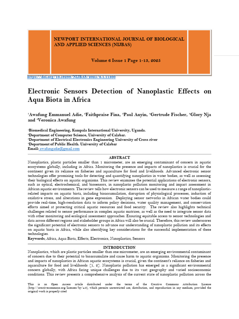 Electronic Sensors Detection of Nanoplastic Effects On Aqua Biota in ...
