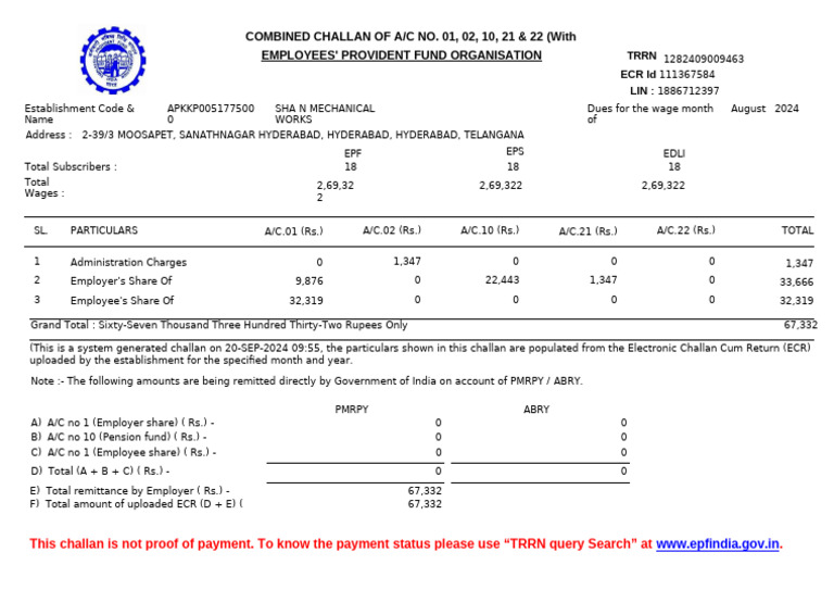 RCD DAUND PF CHALLAN AUG 24 | PDF | Economy Of India | Labor Relations