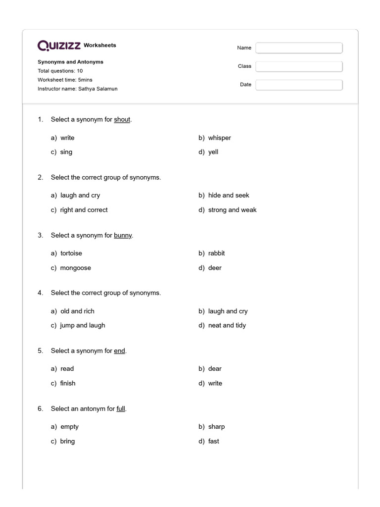 Synonyms and Antonyms Worksheets | PDF