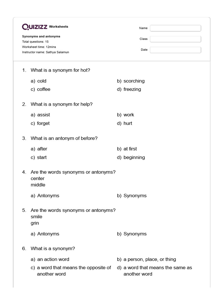 Synonyms and Antonyms - Quizizz | PDF | Lexical Semantics | Lexicology