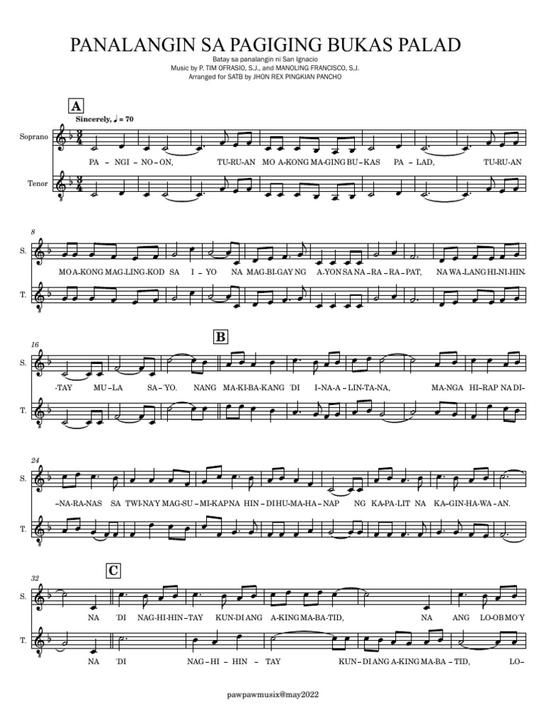 Panalangin Sa Pagiging Bukas Palad 2 Voices | PDF