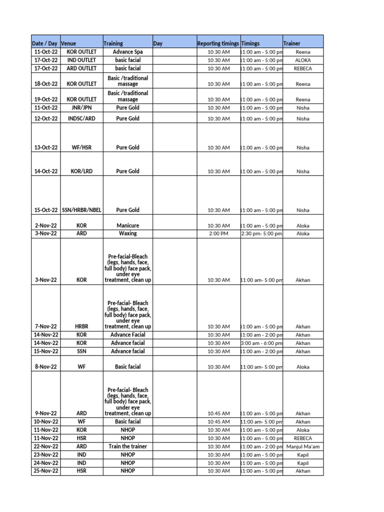 Spa Training Schedule 2022-2023 | PDF | Foot | Integumentary System