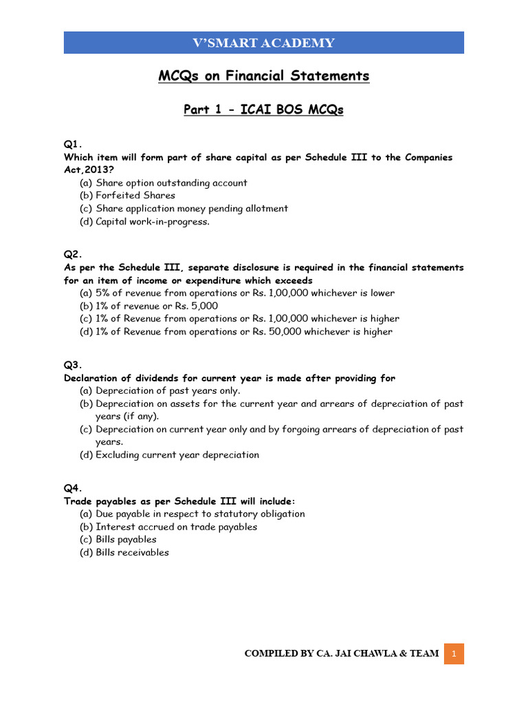 MCQs on Financial Statements for ICAI | PDF | Balance Sheet | Deferred Tax