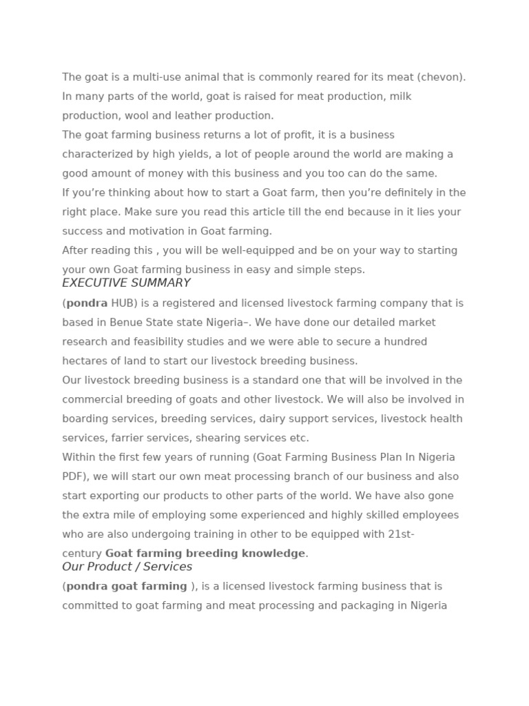 Goat Farming Business Plan Overview | PDF | Agriculture | Livestock