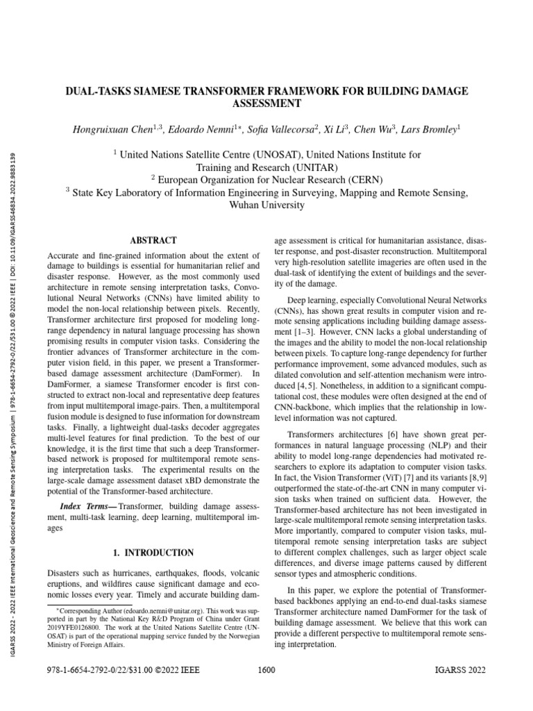 Dual-Tasks Siamese Transformer Framework For Building Damage Assessment | PDF | Computing ...