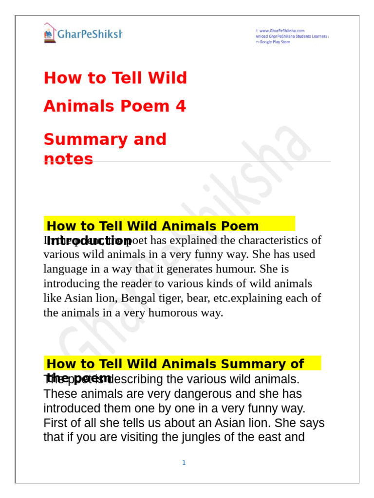 How To Tell Wild Animals Poem 4 Notes and Summary | PDF | Tiger | Poetry