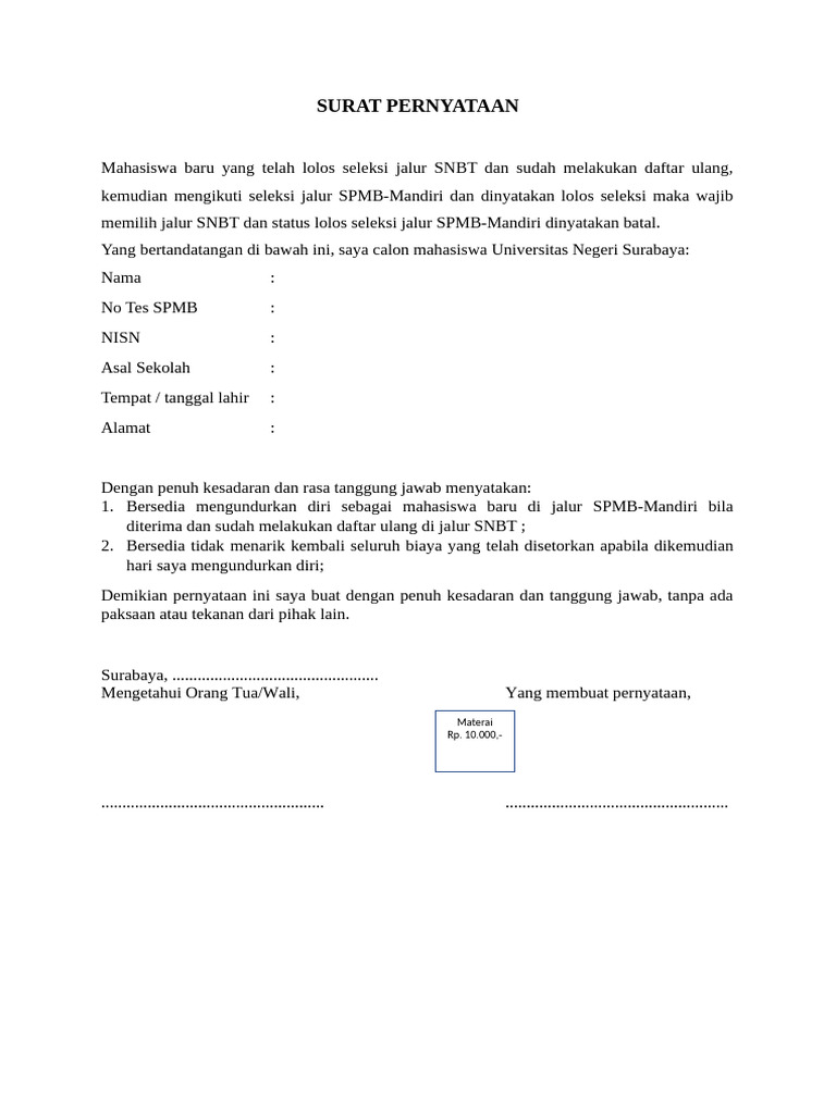 Surat Pernyataan: Materai Rp. 10.000 | PDF