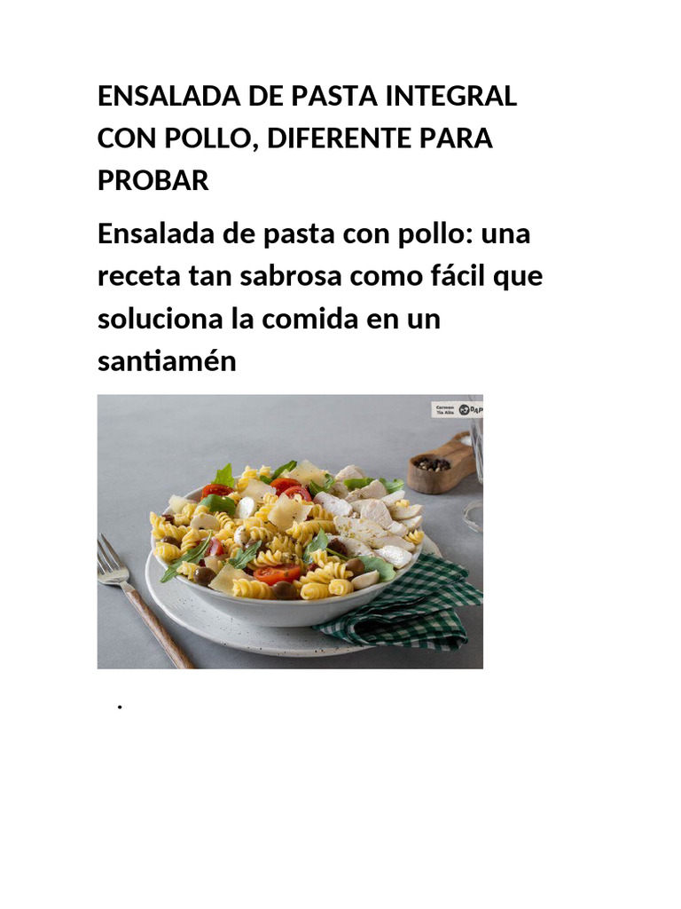 ENSALADA DE PASTA INTEGRAL CON POLLO OTRA MANERA DE HACERLA | PDF ...