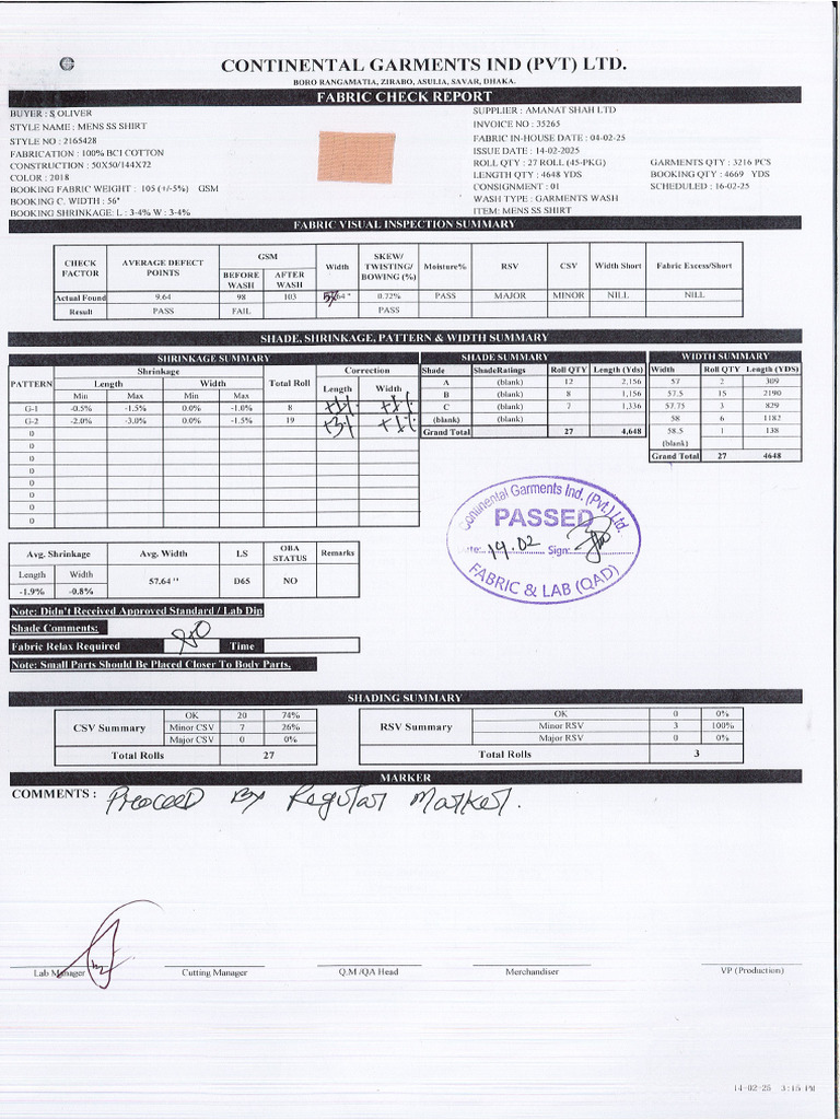 S.Oliver #Style-2165428 Color-2018 Fabric Inspection Report | PDF