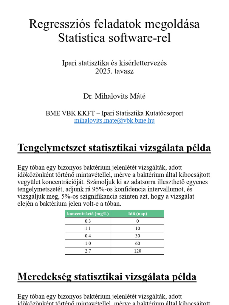 Óra - Regressziós Feladatok Megoldása Statistica Software-Rel | PDF