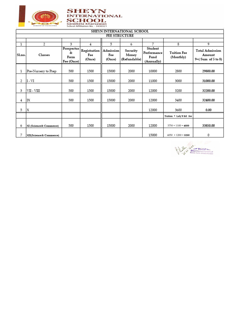 Sheyn International School Fee Structure | PDF