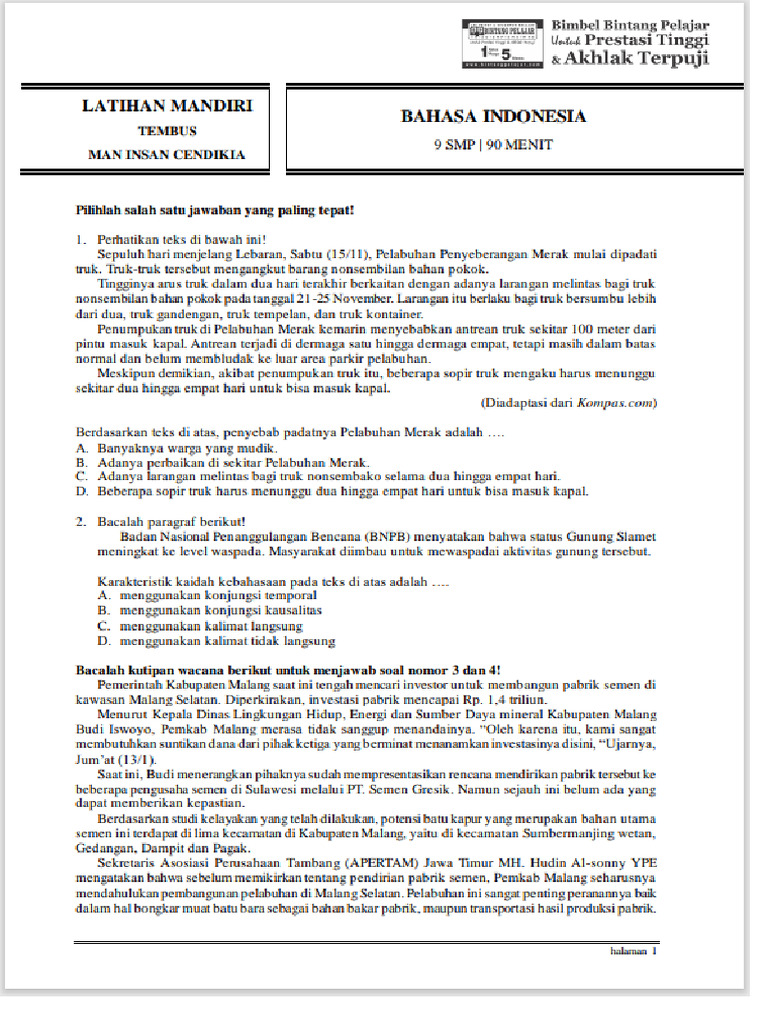 Bahasa Indonesia - MAN IC - Latihan Mandiri 1 (Layout) TA 24-25 | PDF