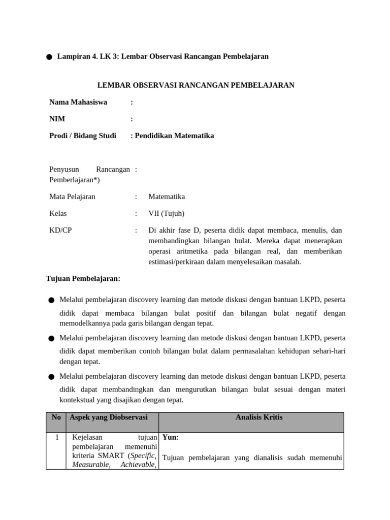 Lampiran 4 Lembar Observasi Rancangan Pembelajaran (Siklus 1) | PDF