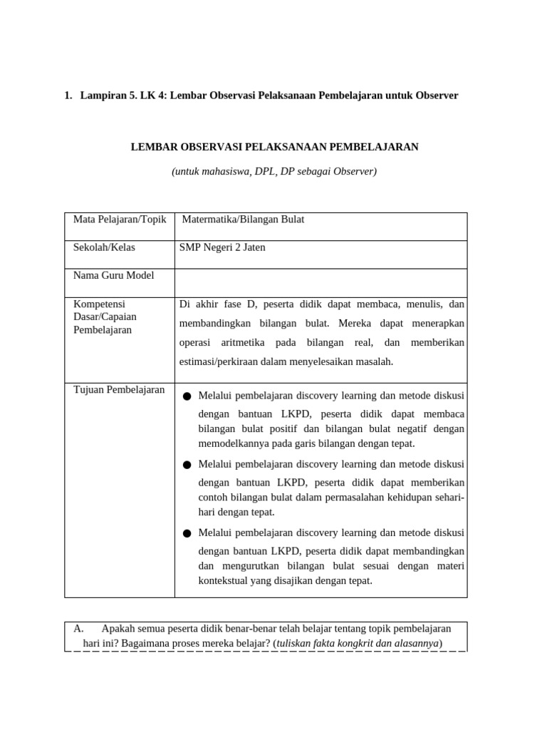 Lampiran 5. LK 4 Format Lembar Observasi Pelaksanaan Pembelajaran Untuk Observer (Siklus 1) | PDF