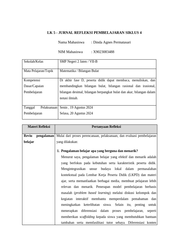 Refleksi Pembelajaran Matematika | PDF
