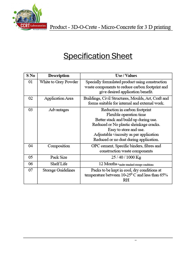 Specification Sheet - 3D-O-Crete | PDF | Materials | Building Engineering