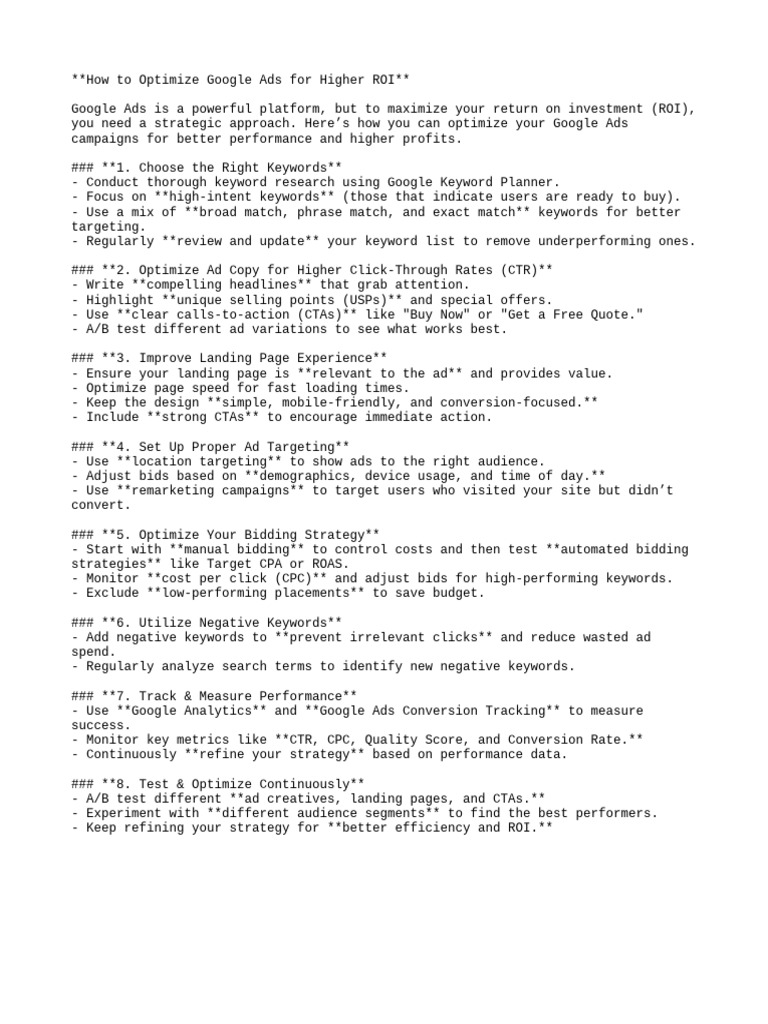 Optimize Google Ads for Higher ROI | PDF | Digital Marketing | Marketing