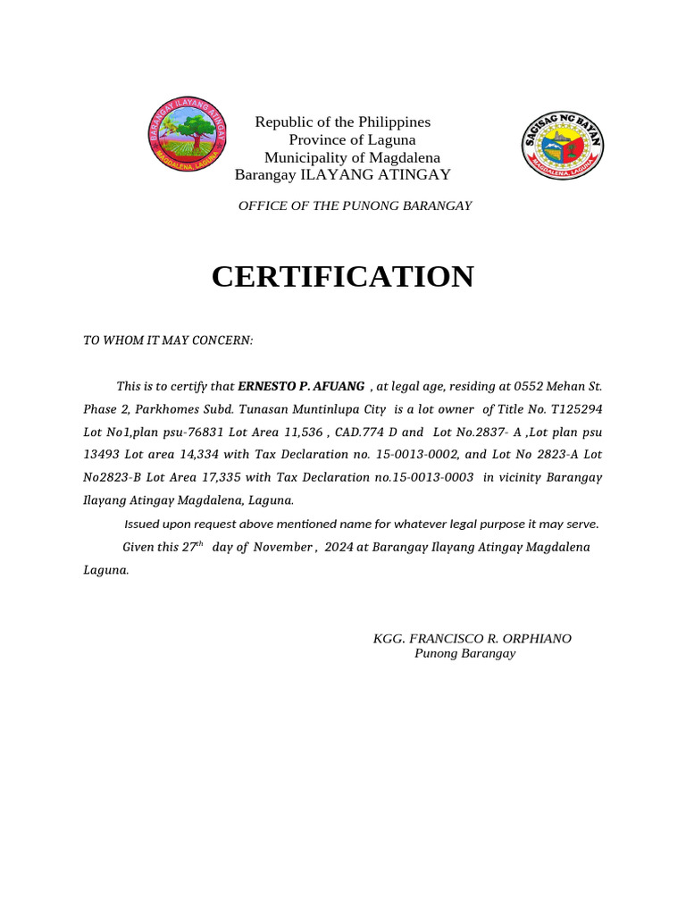 Cert For Lot Owner | PDF