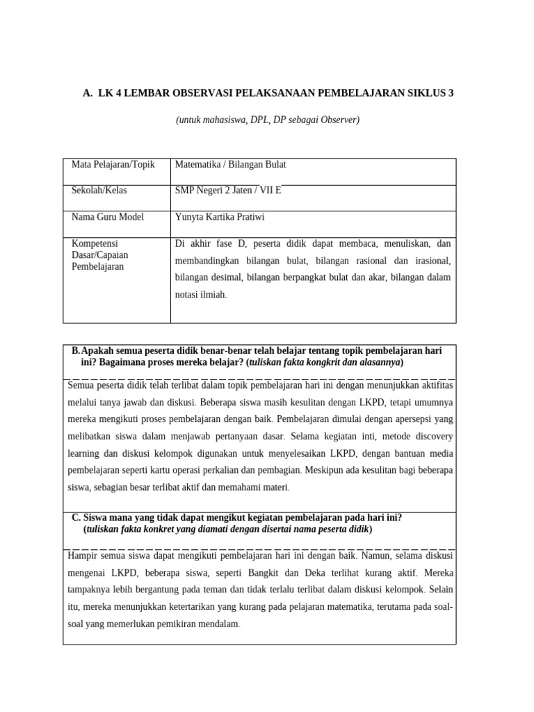 (Yoon) Lampiran 5. LK 4 Format Lembar Observasi Pelaksanaan Pembelajaran Untuk Observer Siklus 3 ...