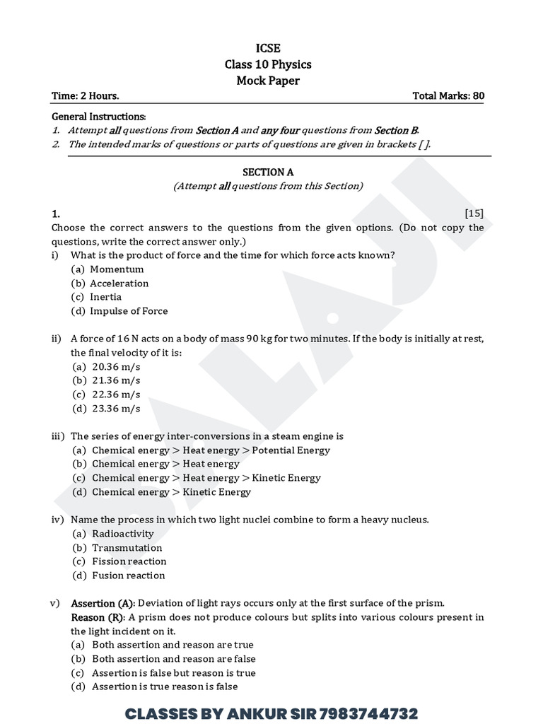 ICSE Class 10 Physics Mock Paper | PDF | Force | Physical Quantities