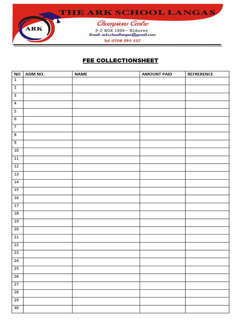 Fee Collection Sheet Ark School | PDF