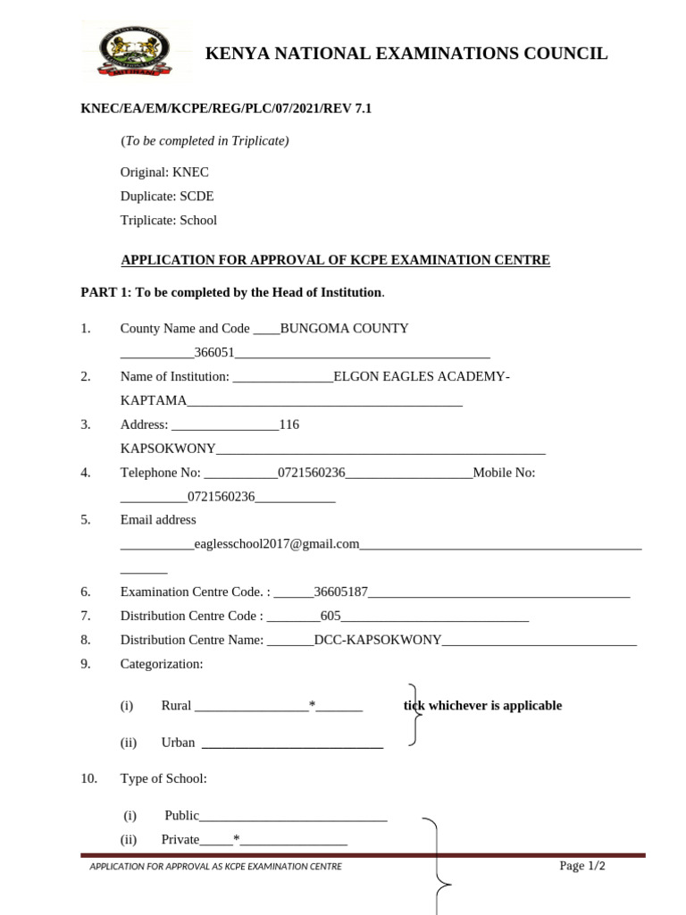 2021 Application Form For KCPE Examination Centre | PDF
