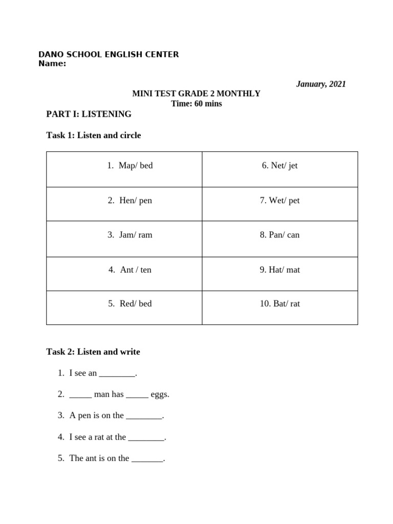 Part I: Listening Task 1: Listen and Circle: Mini Test Grade 2 Monthly ...