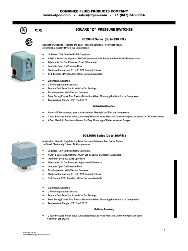 Square D Pressure Switches NP 01-14-15 | PDF | Mains Electricity | Valve