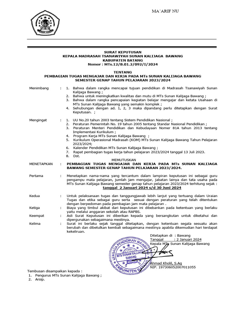 SK. Mengajar Genap 2023-2024 | PDF