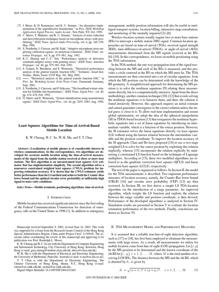 Least Squares Algorithms For Time-Of-Arrival-Based Mobile Location | PDF | Least Squares ...