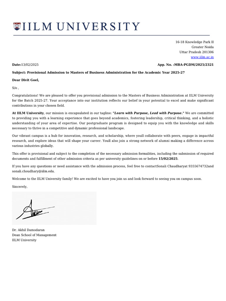 Offer Letter MBA-PGDM 2025 2321 | PDF