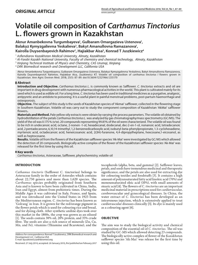 Volatile Oil Composition of Cartham | PDF | Gas Chromatography–Mass ...