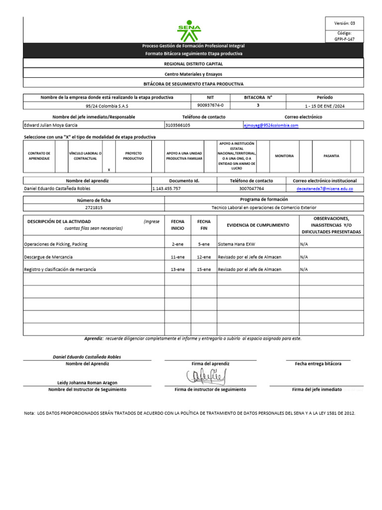 Bitacora 3 - 1-15 Ene | PDF