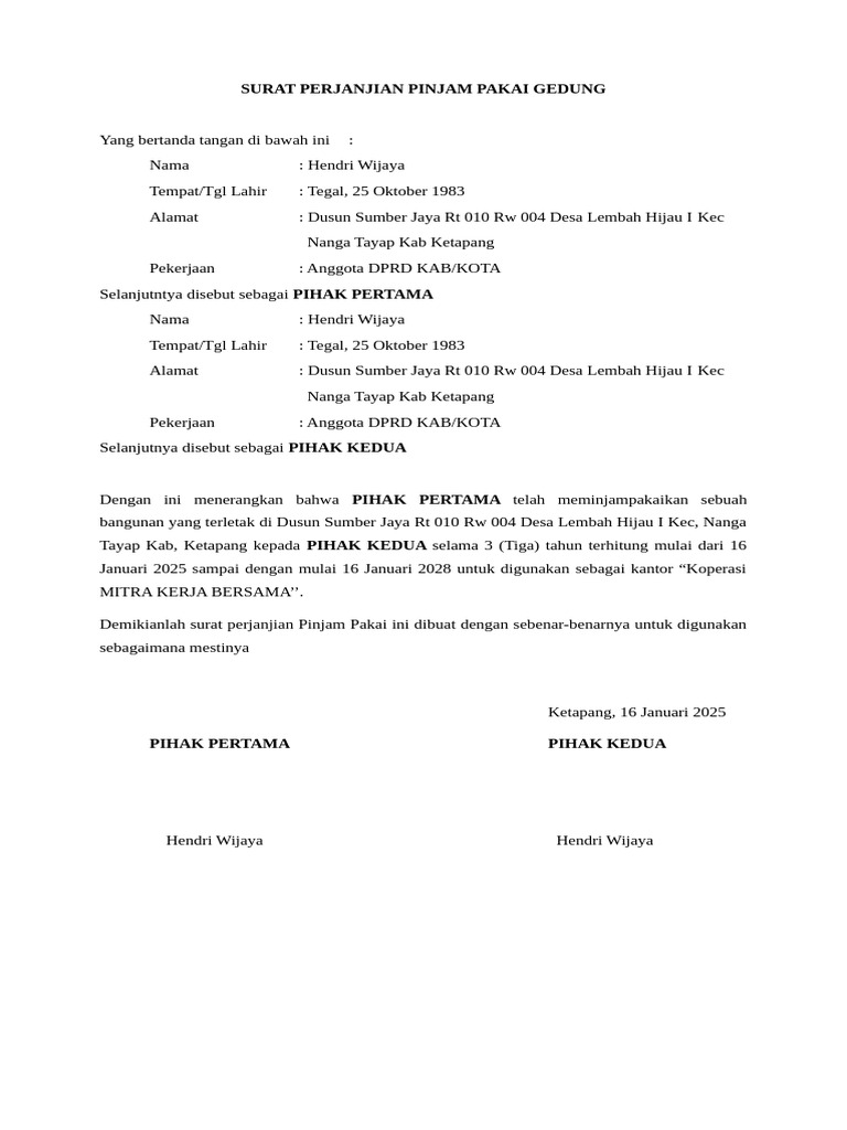 SURAT PERJANJIAN PINJAM PAKAI GEDUNG | PDF
