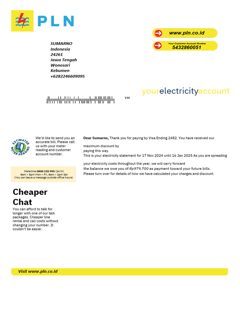Electricity Statement for Sumarno | PDF