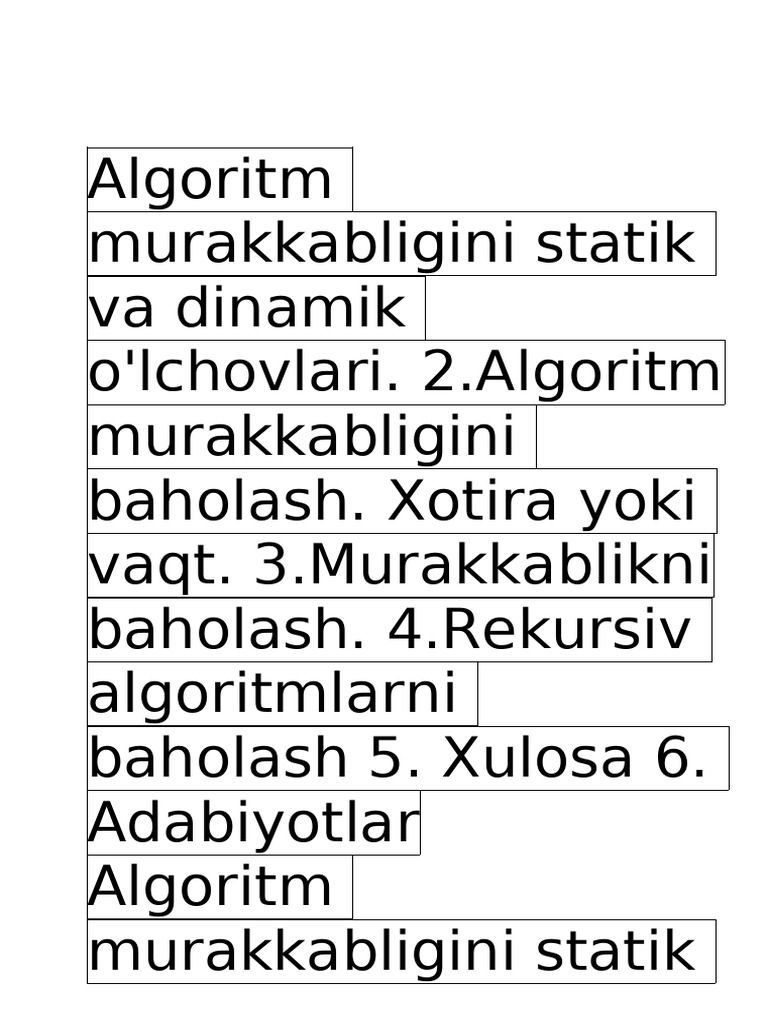 Algoritm murakkabligini statik va dinamik o'lchovlari. Vaqt va xotira hajimi | PDF