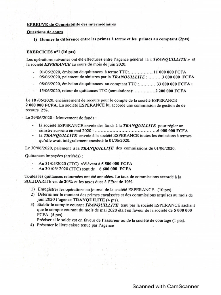 Exercice Compta Des Intermédiaire Dassur | PDF