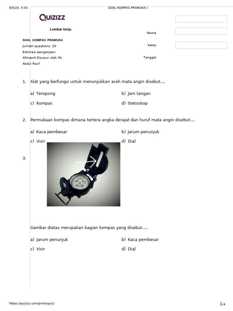SOAL KOMPAS PRAMUKA - Quizizz | PDF