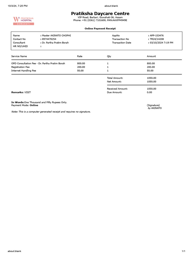 Pratiksha Daycare Payment Receipt | PDF