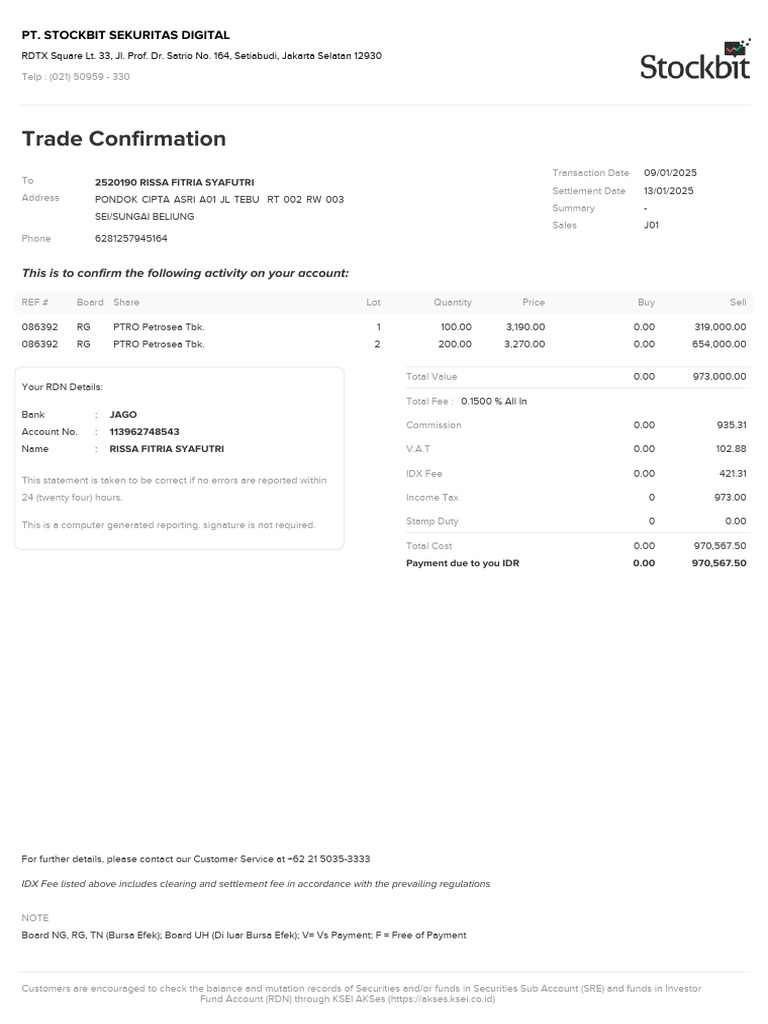 Stockbit Trade Confirmation Summary | PDF | Business | Private Sector