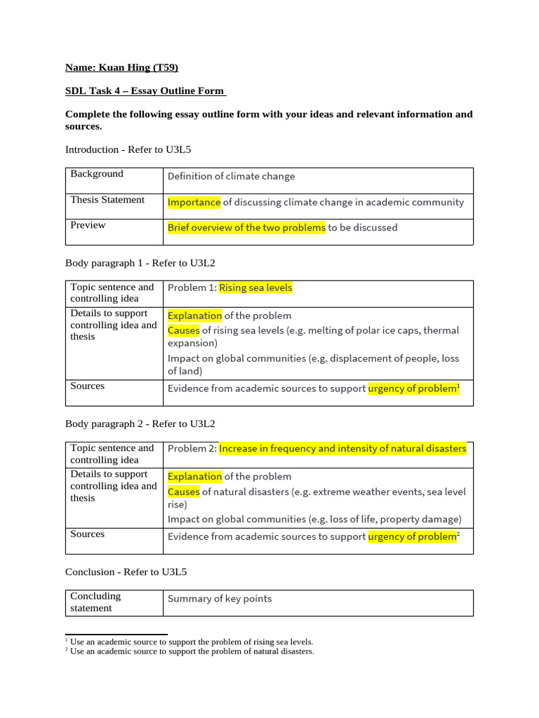 SDL Task 4 - Essay Outline Form | PDF | Essays | Climate Change